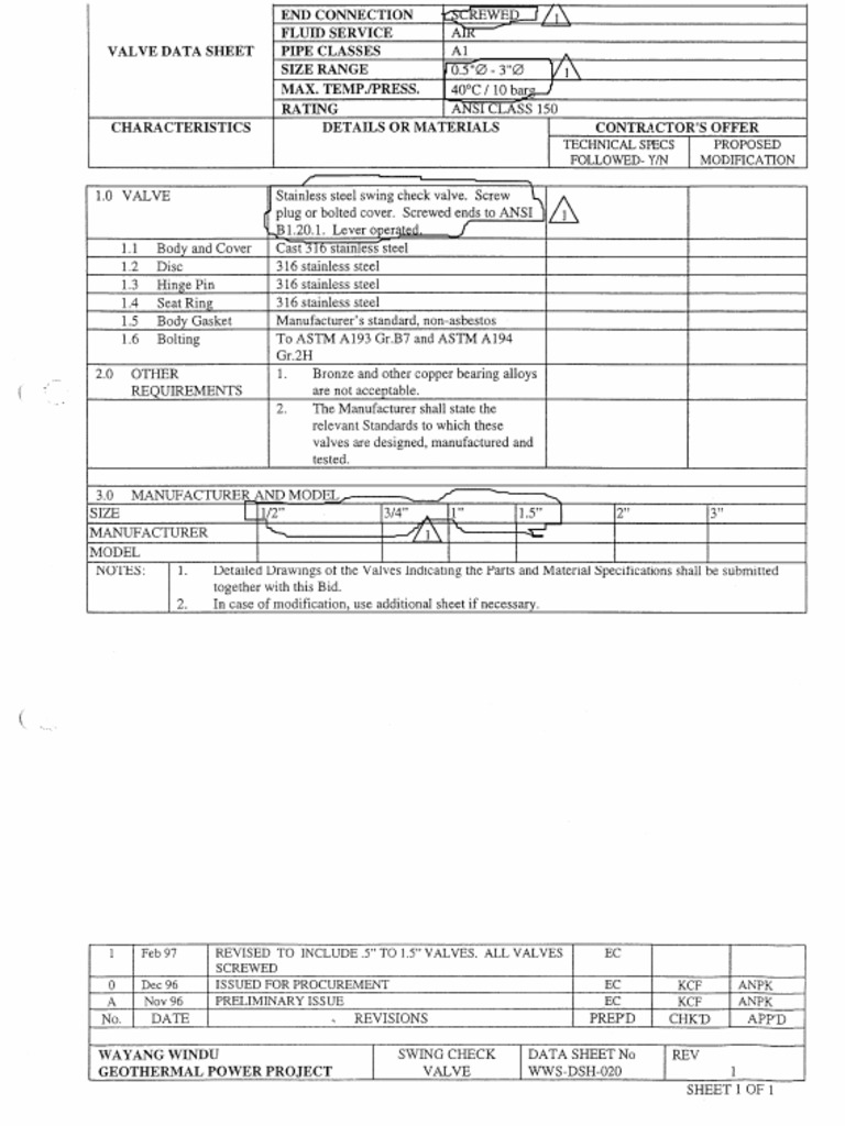 WWS-DSH-020 - 1 Valve Data Sheet - 0.5 Inch - 3 Inch, Swing Check, 150 ...