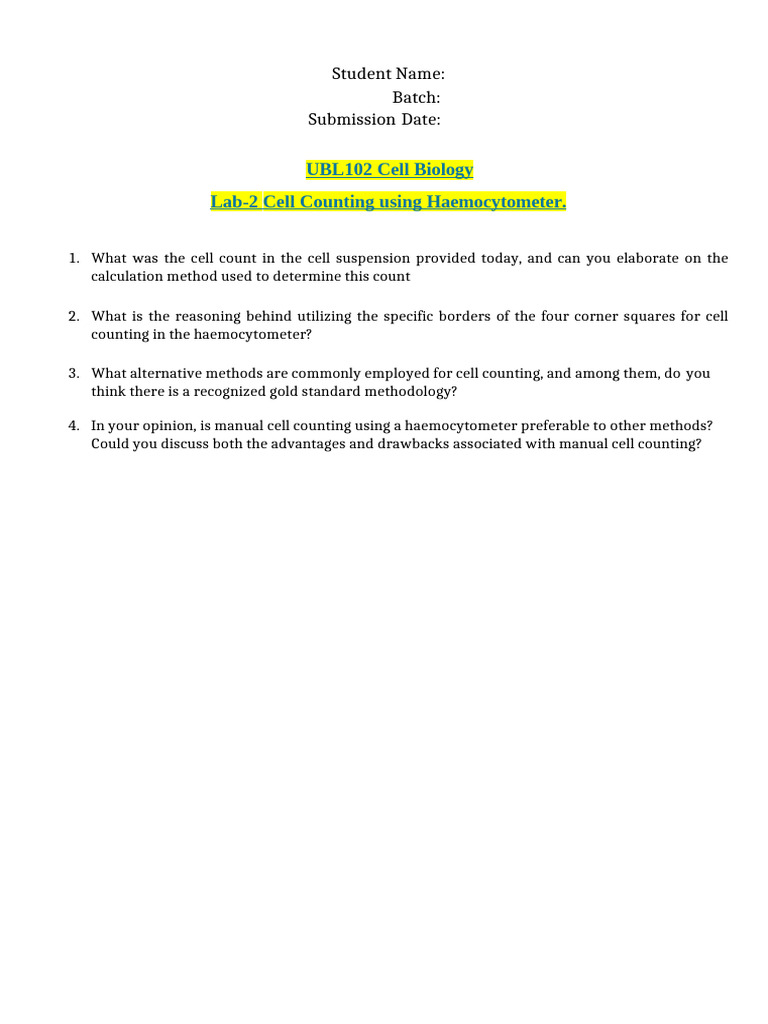 Cell Counting with Haemocytometer | PDF