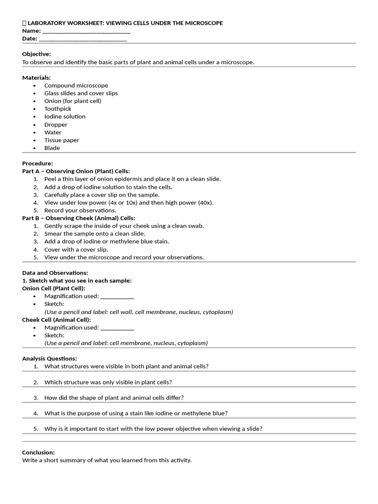 Laboratory Worksheet Cell | PDF