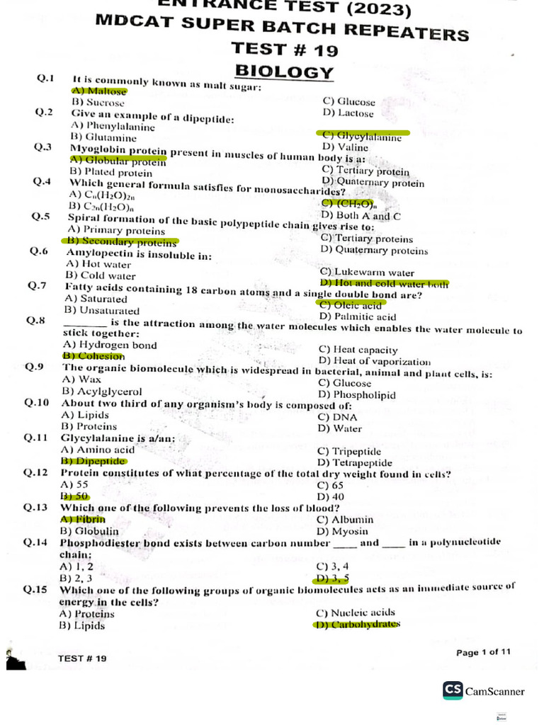 Test # 19 Biological Molecules, Fundamental Chemistry, Atomic Spectra | PDF