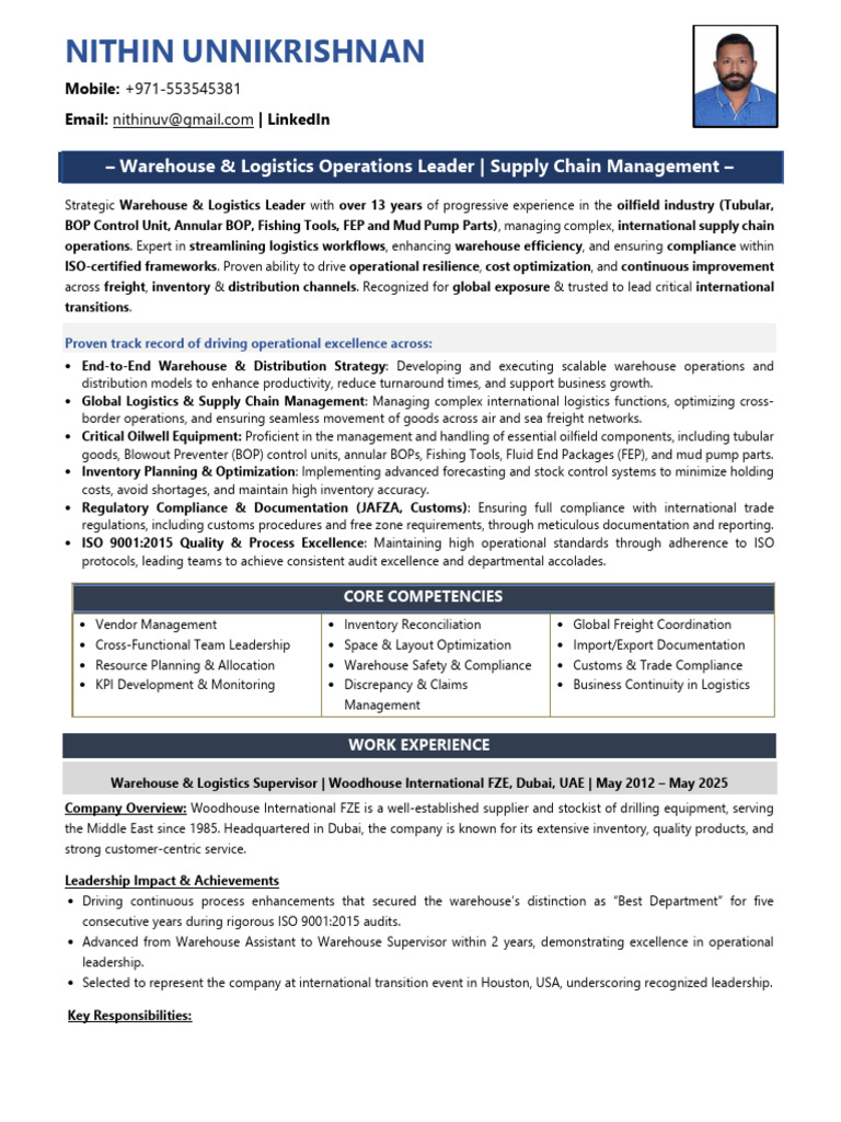 Nithin Resume - 13+ Years' Experience in Warehouse & Logistics ...