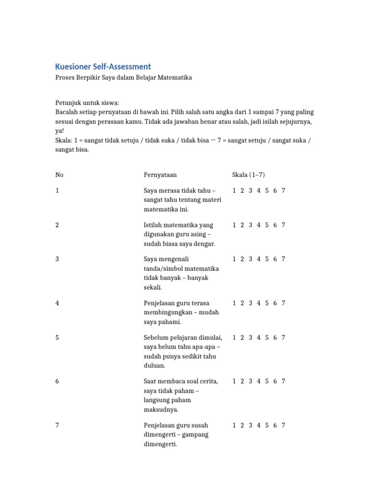 Kuesioner Self Assessment SMP | PDF