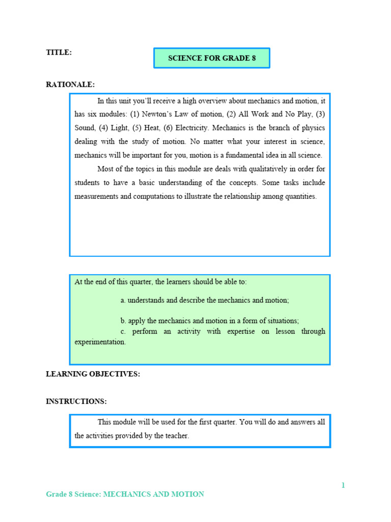 Science For Grade 8 1st Quarter Module | PDF | Sound | Electromagnetic ...