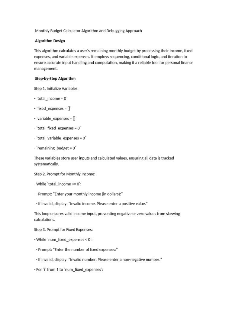 Monthly Budget Algorithm and Debugging | PDF | Algorithms | Debugging