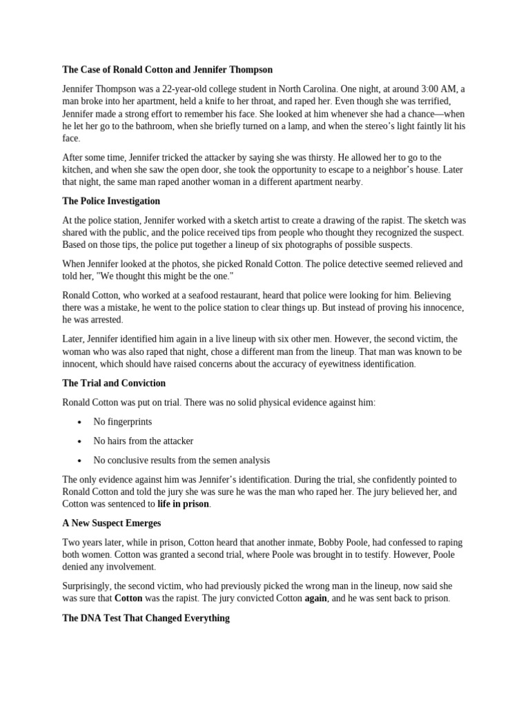 The Case of Ronald Cotton and Jennifer Thompson | PDF | Law Enforcement ...