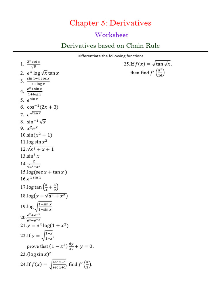Maths Derivatives Worksheet 1 | PDF