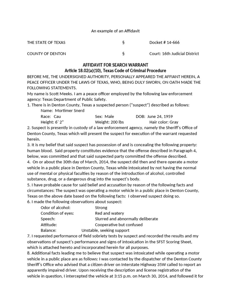 CH 3 Blood Warrant Sample Affidavit 2 | PDF | Affidavit | Arrest Warrant