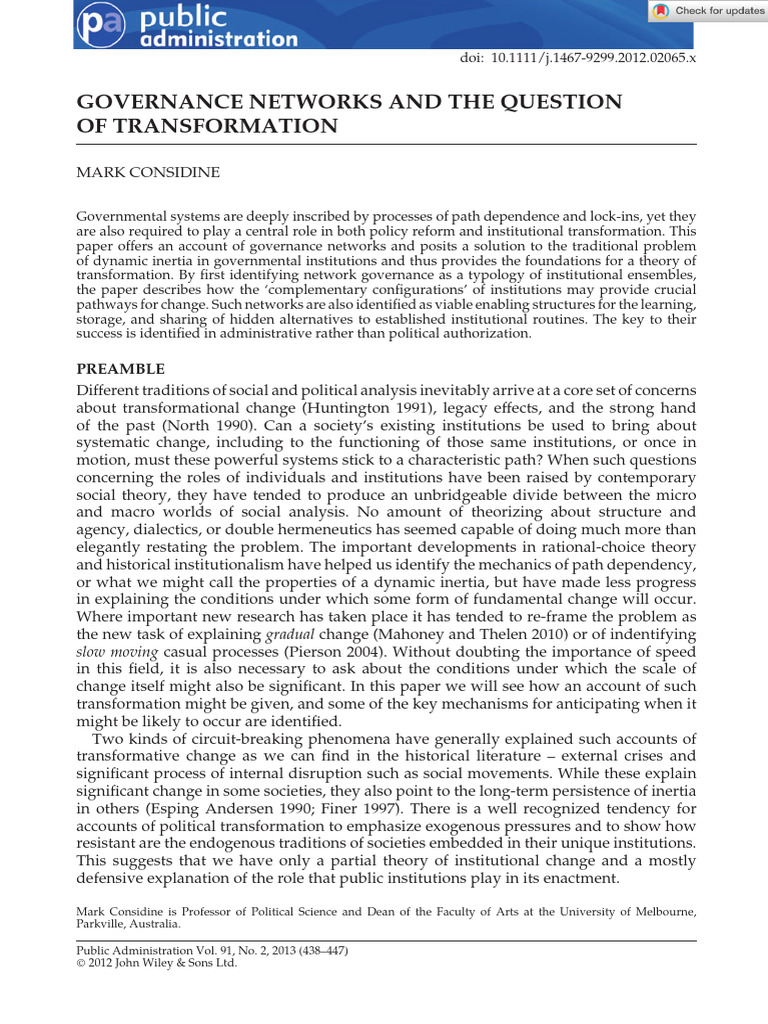 Governance Networks and Transformation Theory | PDF | Governance ...