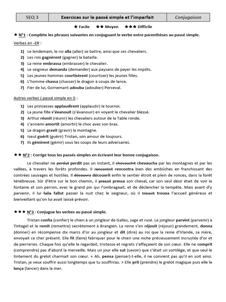 Exercices sur le passé simple et l'imparfait | PDF | Chevalerie