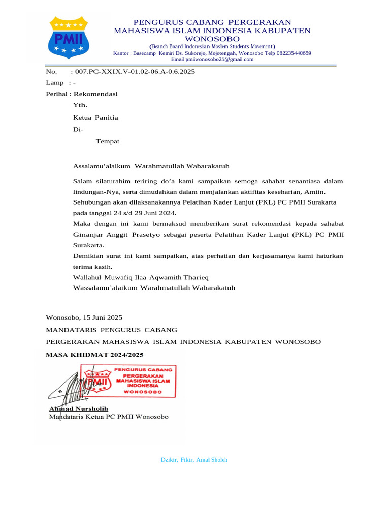 007.surat Rekomendasi PKL Ginanjar Anggit | PDF