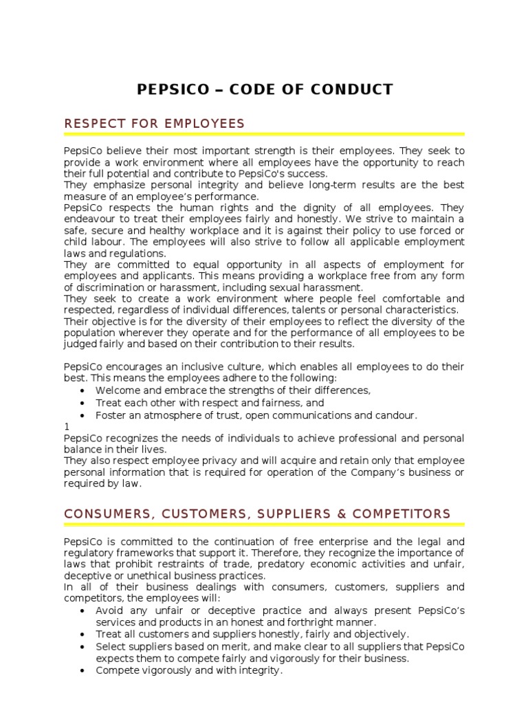 PepsiCo Code of Conduct Overview | PDF | Insider Trading | Conflict Of ...