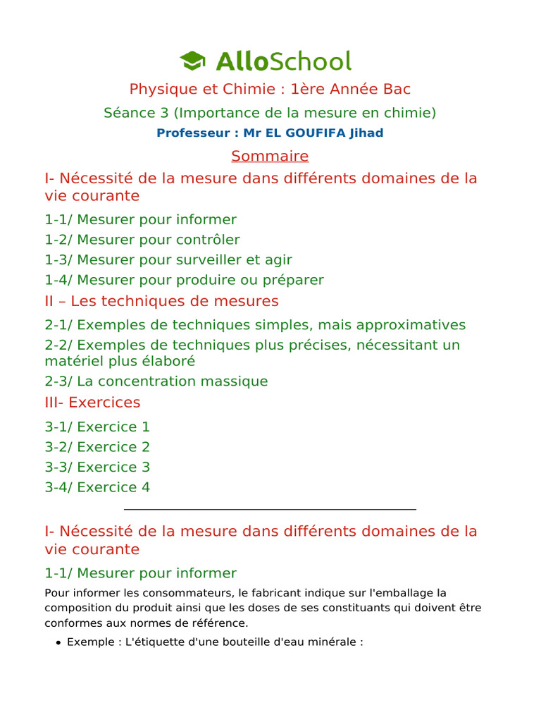 Importance de la mesure en chimie 1 Bac | PDF | Nitrate | Eau