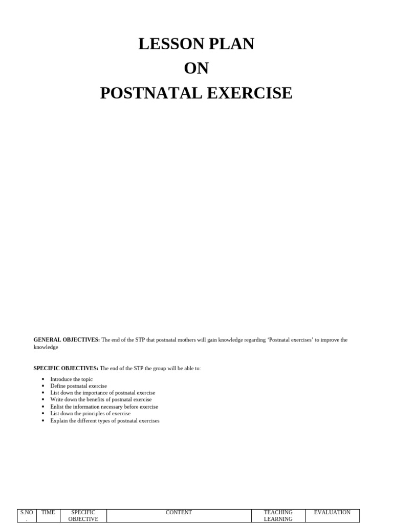 Postnatal Exercise Lesson Plan | PDF | Postpartum Period | Abdomen