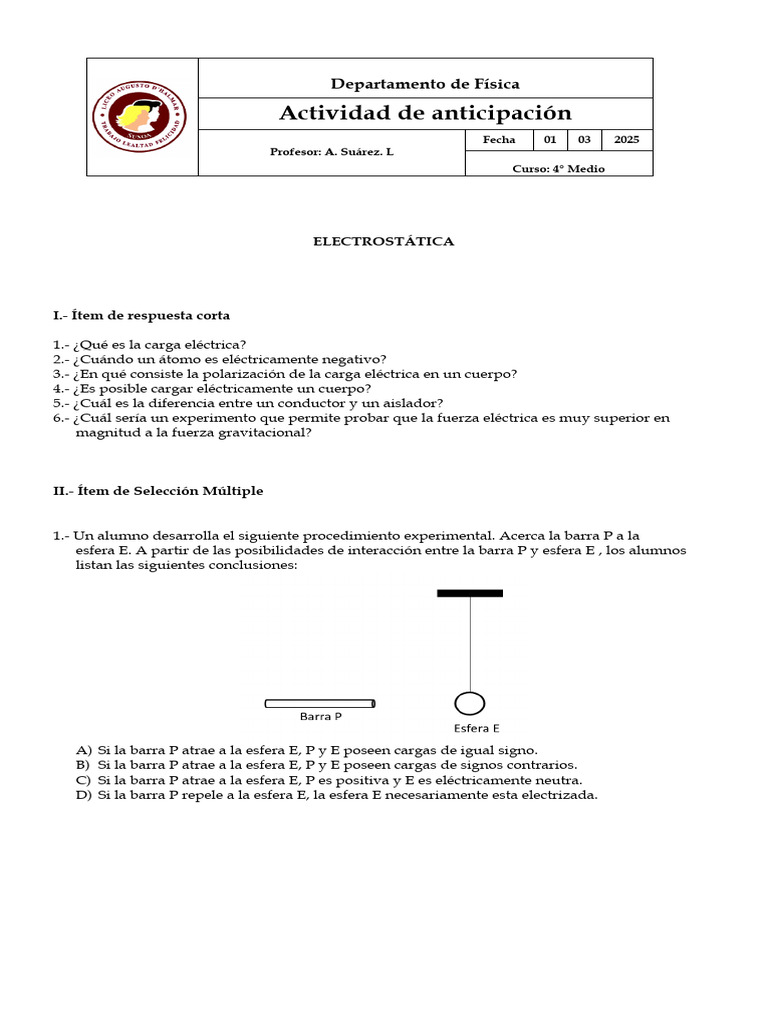 Actividades de Electrostática para 4° Medio | PDF | Electrostática | Ciencias fisicas