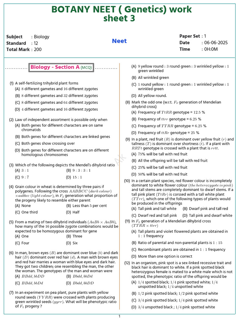 Mendelian Genetics Practice Questions | PDF | Dominance (Genetics ...