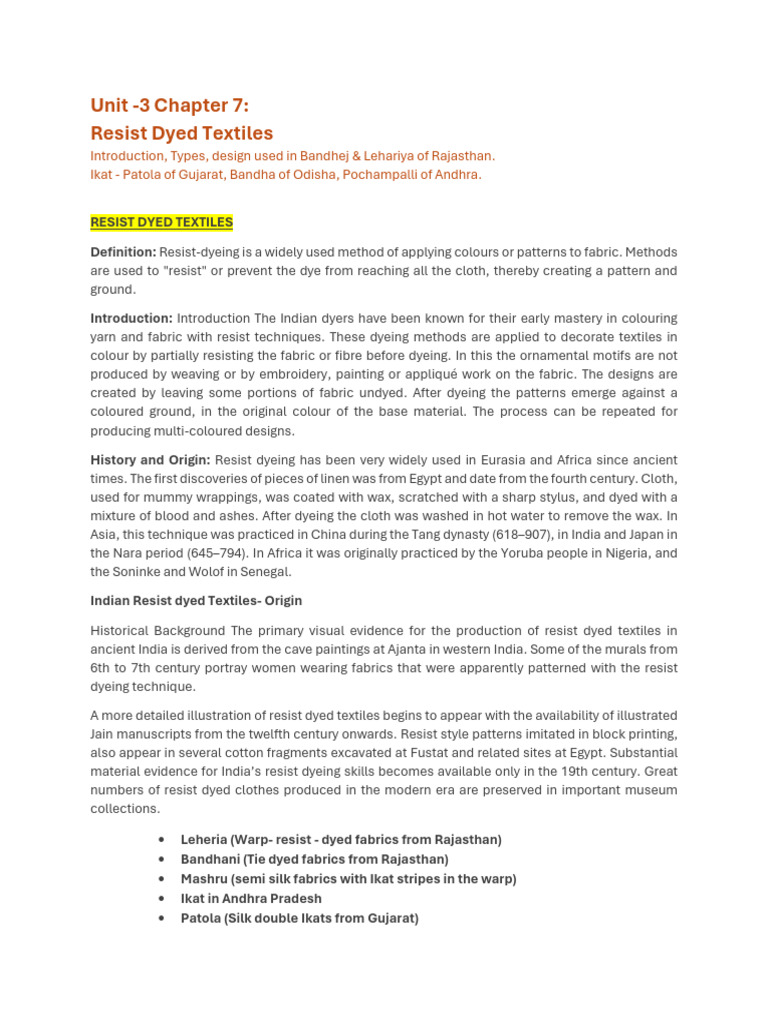 BCU - Unit 3 - Chapter 7 - Resist Dyed Textiles | PDF | Dyeing | Textiles