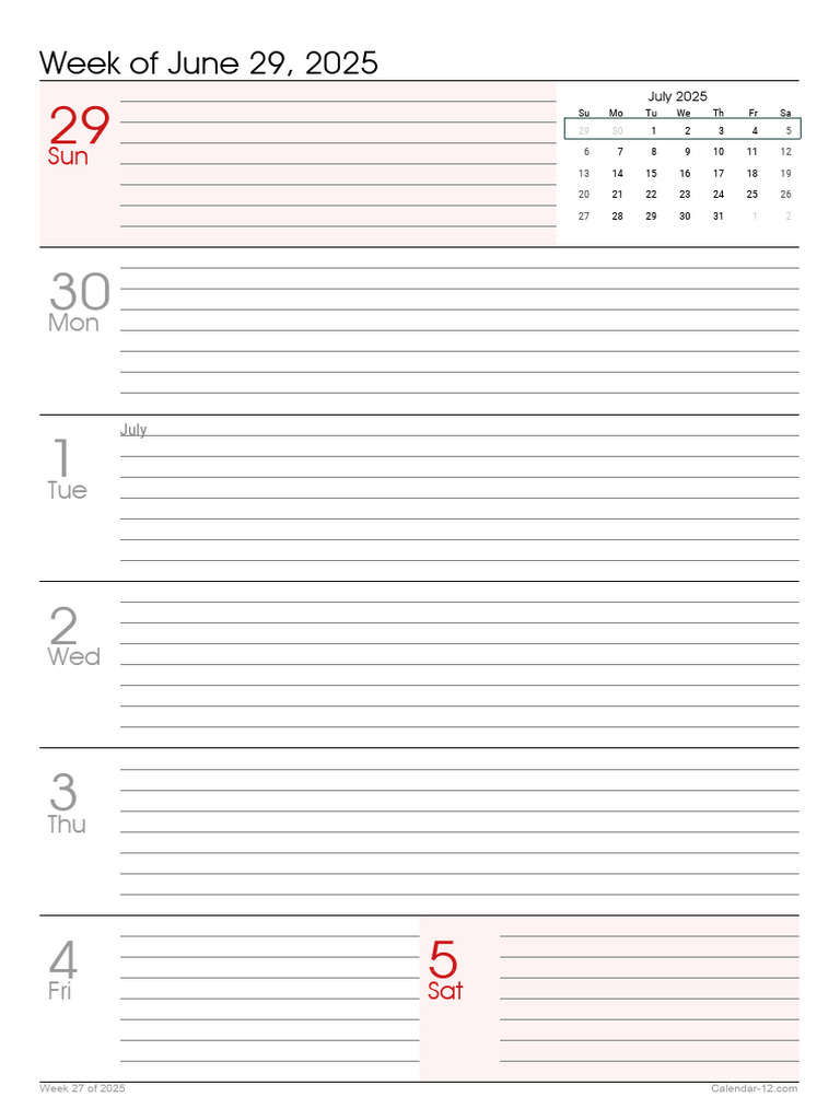 July 2025 Weekly Calendar Overview | PDF