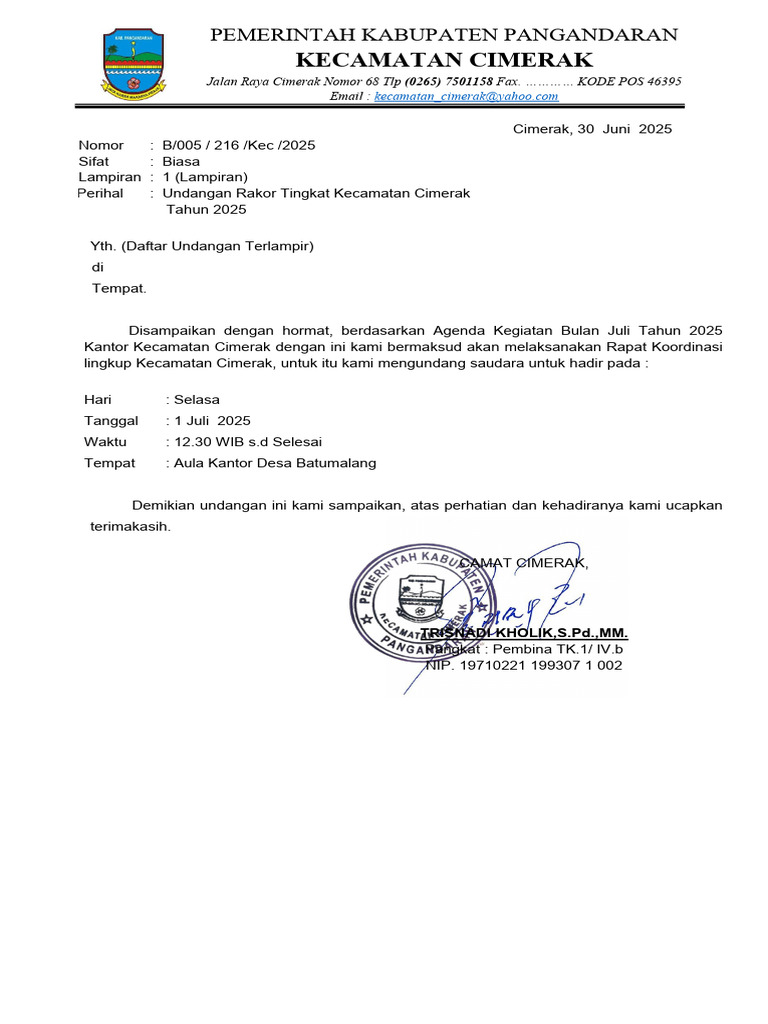 Surat Rakor Tingkat Kecamatan Cimerak | PDF