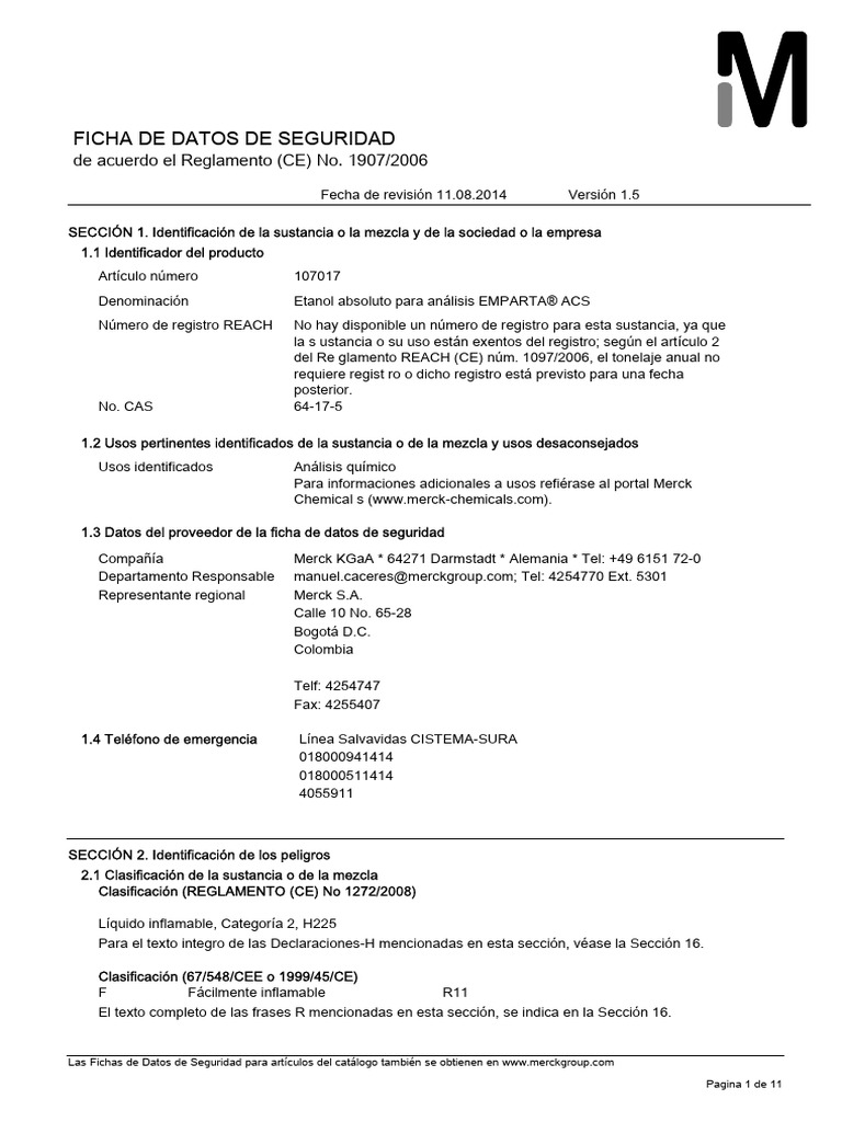 Ficha de Seguridad: Etanol Absoluto 64-17-5 | PDF | Agua | Combustión