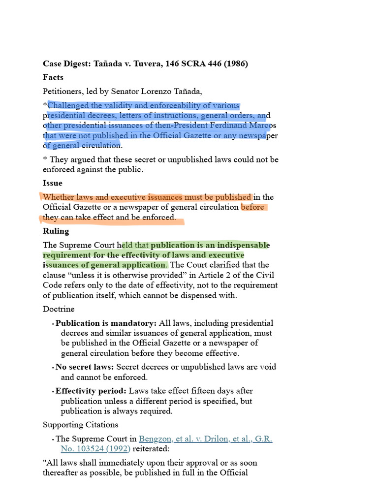 Art. 2 Tanada Vs Tuvera | PDF | Mandamus | Supreme Court Of The United ...