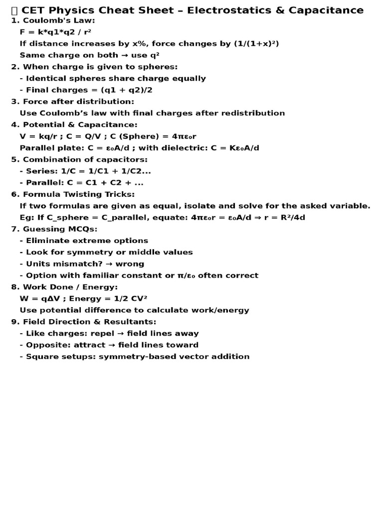 CET Physics Ultimate Cheat Sheet by ChatGPT | PDF