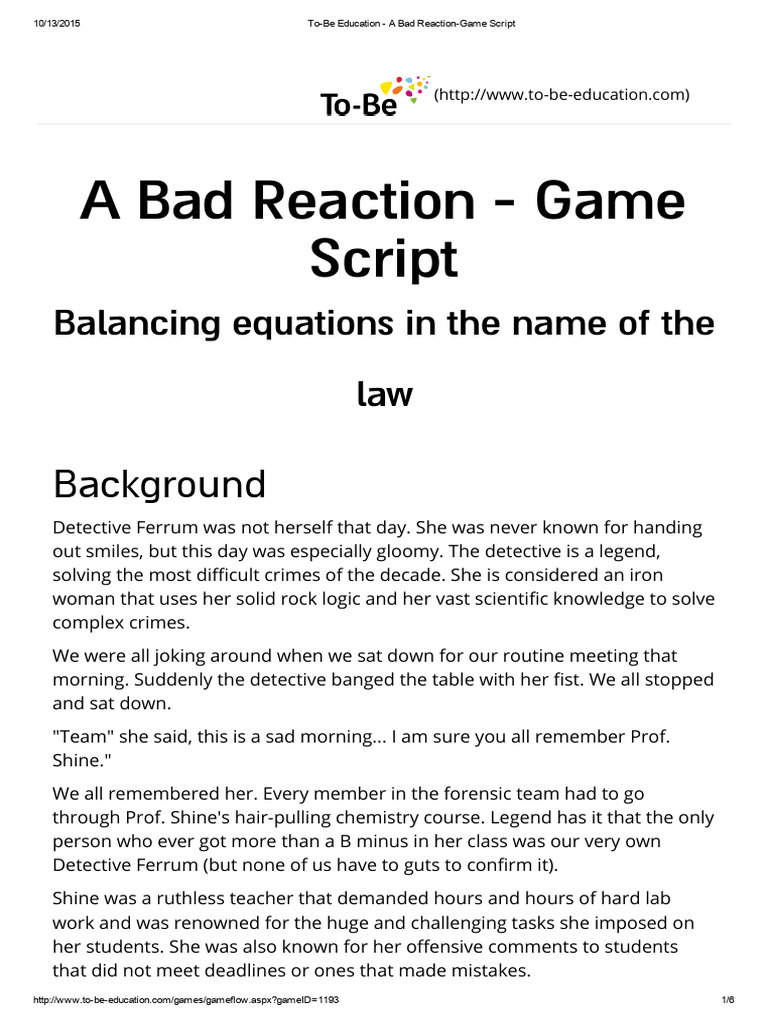A Bad Reaction - Game Script: Background | PDF | Oxide | Chemical Reactions