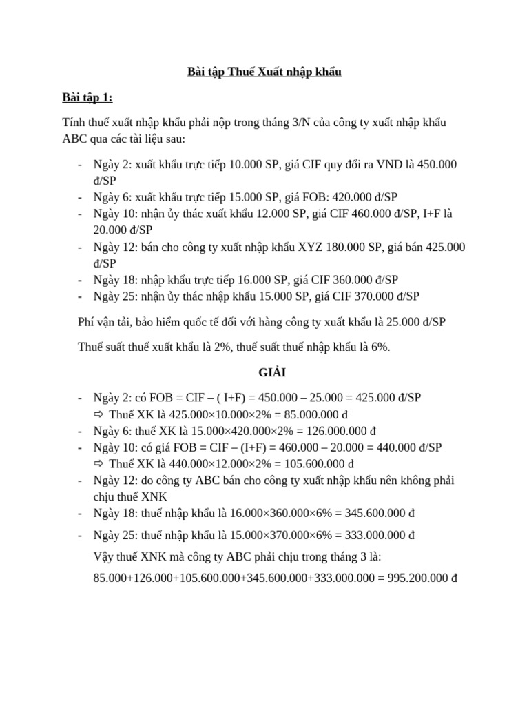BÀI TẬP THUẾ XNK | PDF