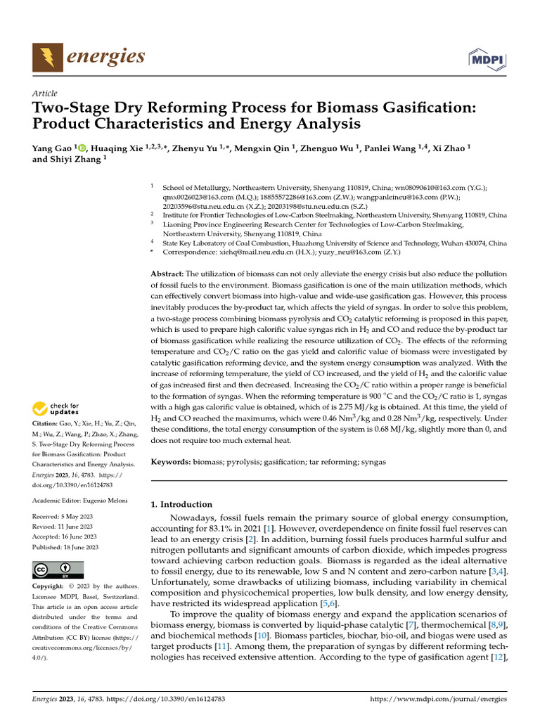 Two-Stage Dry Reforming Process For Biomass Gasifi | PDF | Pyrolysis ...