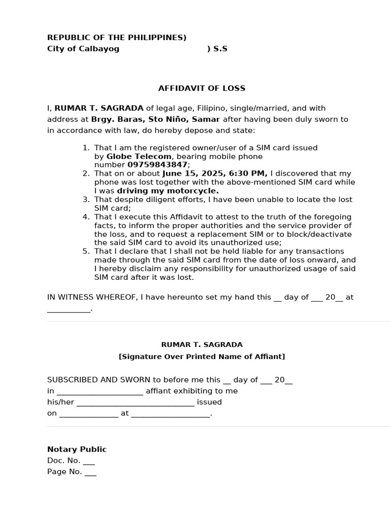Affidavit of Loss Template | PDF