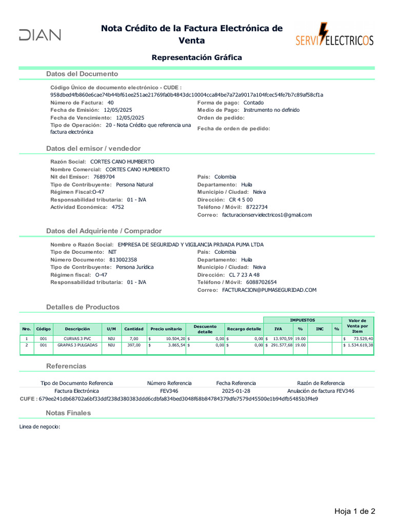 Nota Credito Factura FEV346. | PDF | Factura | Economias