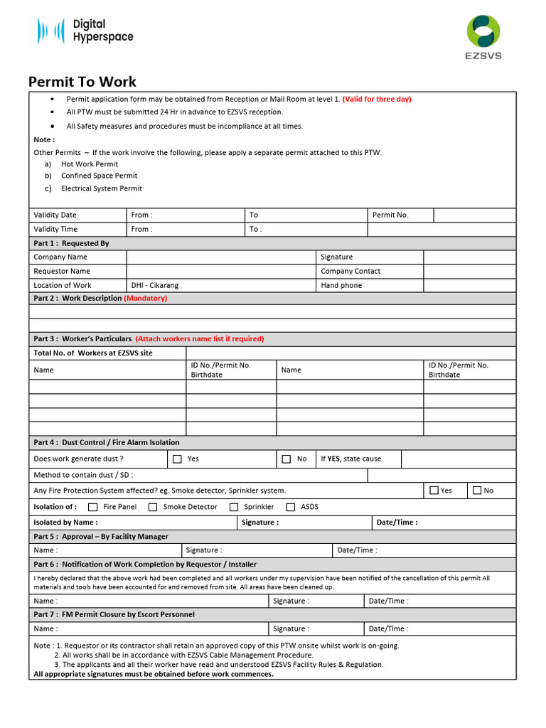 PTW - General Permit To Work (All Works) | PDF | Safety