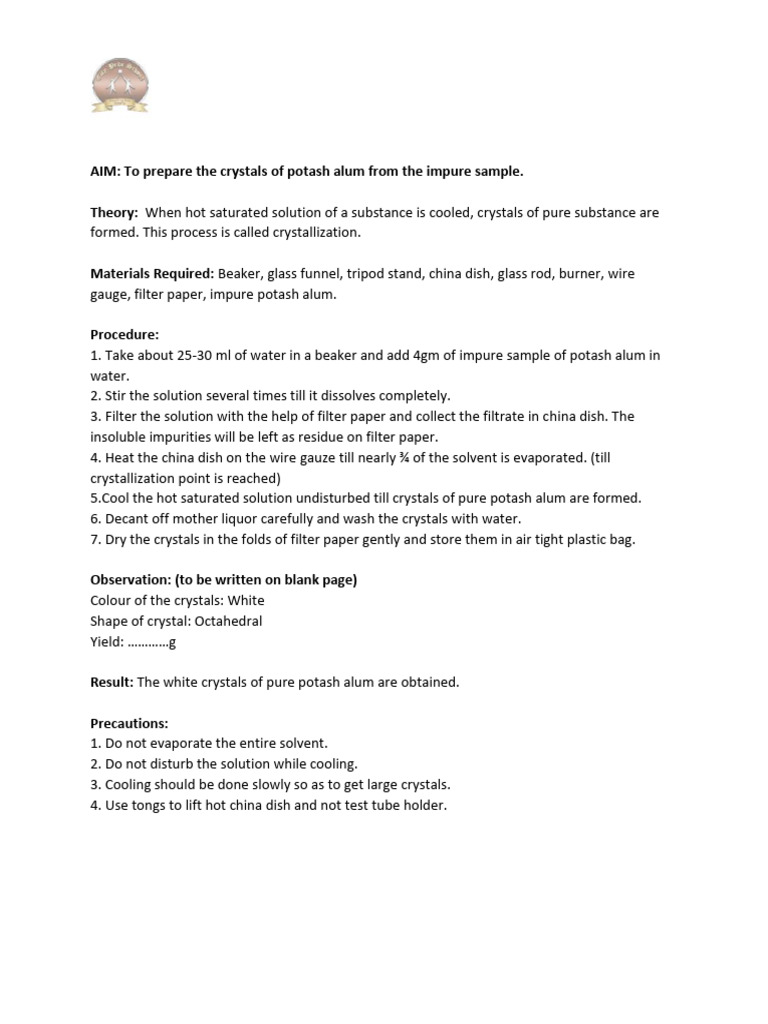 Potash Alum Crystallization Experiment | PDF