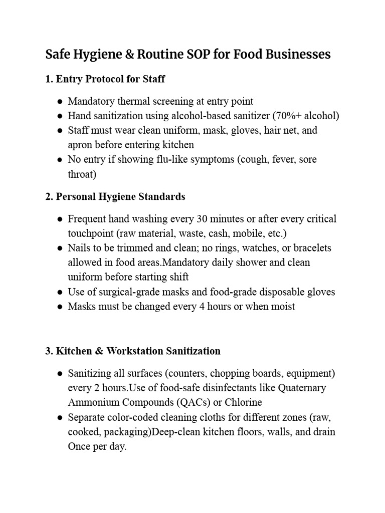 Safe Hygiene & Routine SOP For Food Businesses | PDF | Hygiene ...