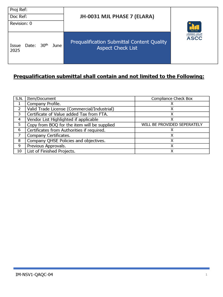 Prequalification Submittal Content Quality Aspect Checklist | PDF