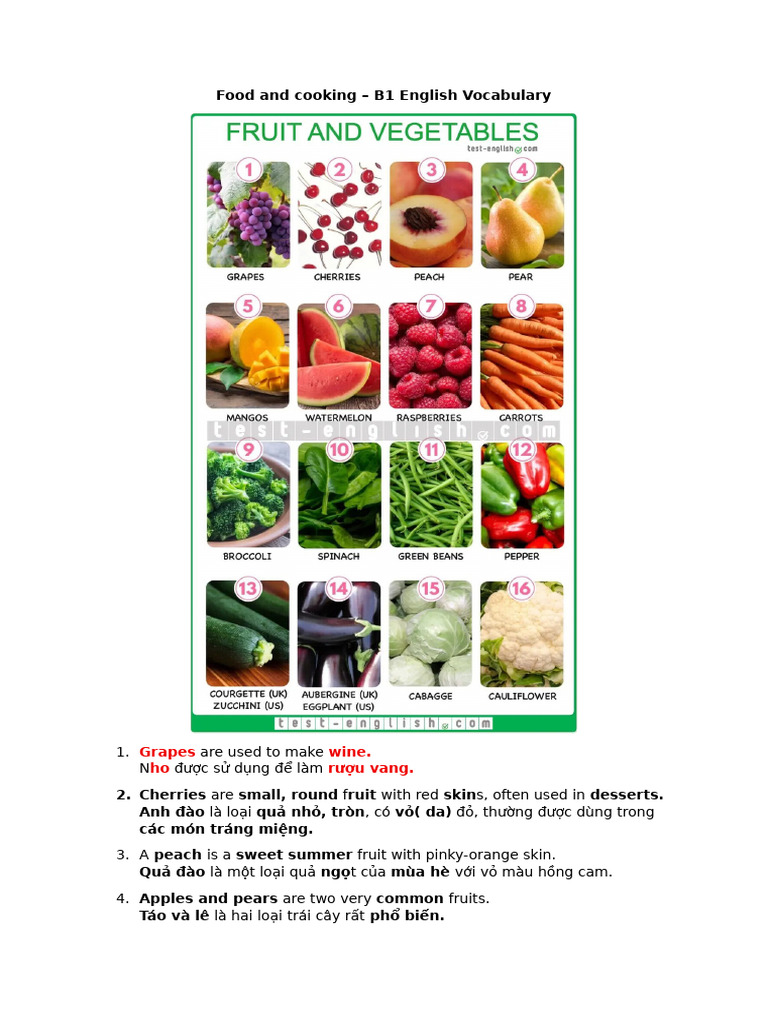 Food and Cooking - B1 English Vocabulary: Grapes Wine. Ho Rư U Vang | PDF