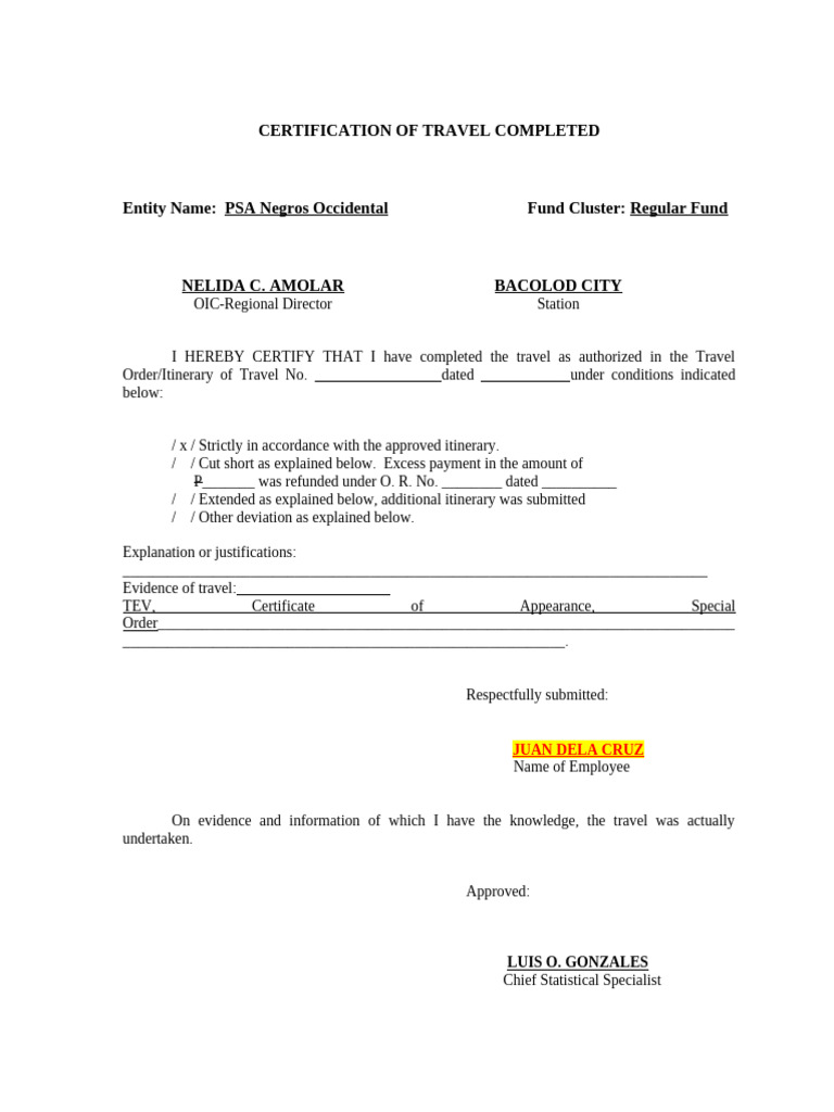 Certificate of Travel Completion | PDF