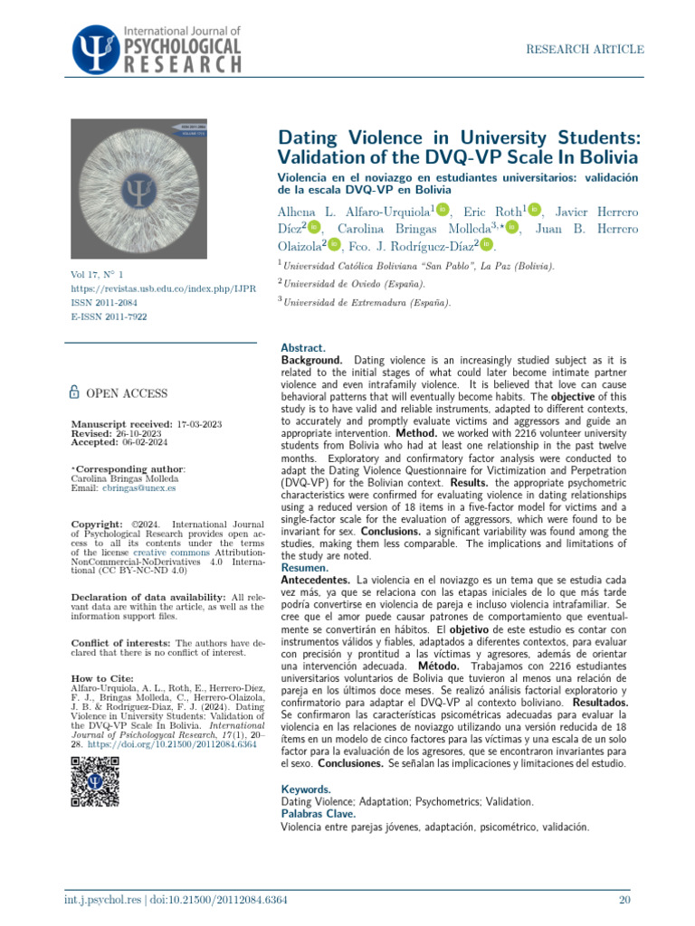Validación de la Escala DVQ-VP en Bolivia | PDF | Violence | Validity ...