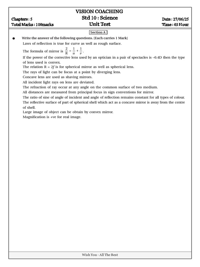 Std 10 Science Unit Test - Vision Coaching | PDF