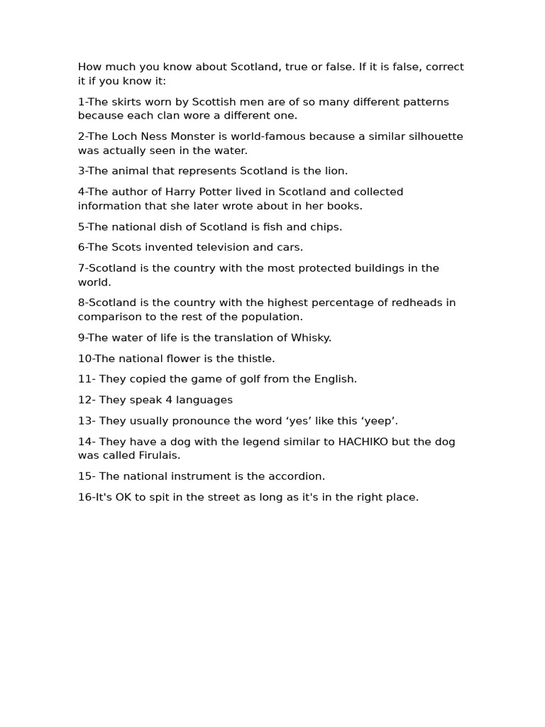 Scotland Trivia: True or False Quiz | PDF