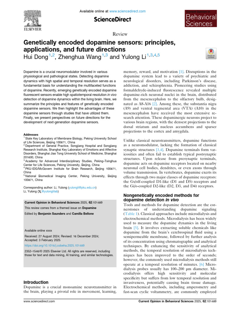 Genetically Encoded Dopamine Sensors Overview | PDF | Dopamine | Reward System