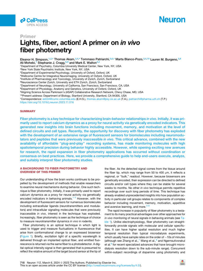 Simpson2024 - Neuron - Light, Fiber, Action - A Primer On in Vivo Fiber ...
