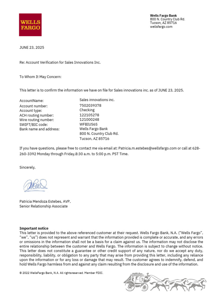 Wells Fargo Verification Letter | PDF