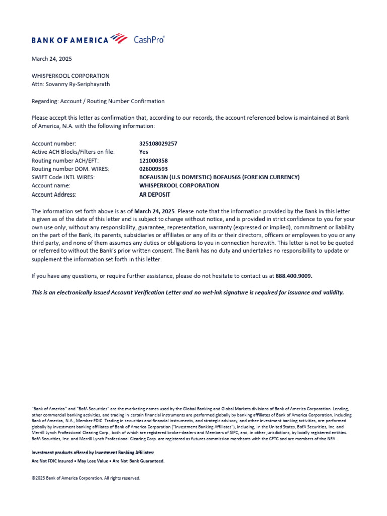 Account Verification Letter 20250324 9257 | PDF | Banks | Bank Of America
