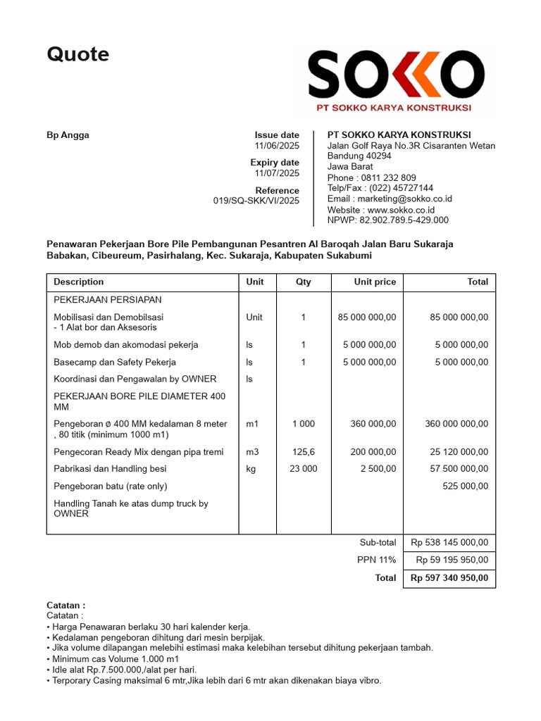 PT Sokko Karya Konstruksi 2025 - Sales Quote - 019 - SQ-SKK - VI - 2025 - BP Angga | PDF
