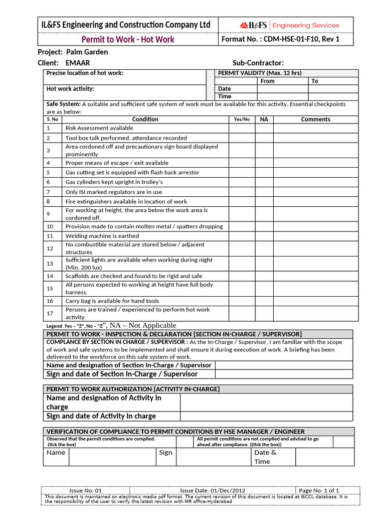 CDM Hse 01 f10 PTW Hot Work | PDF | Safety