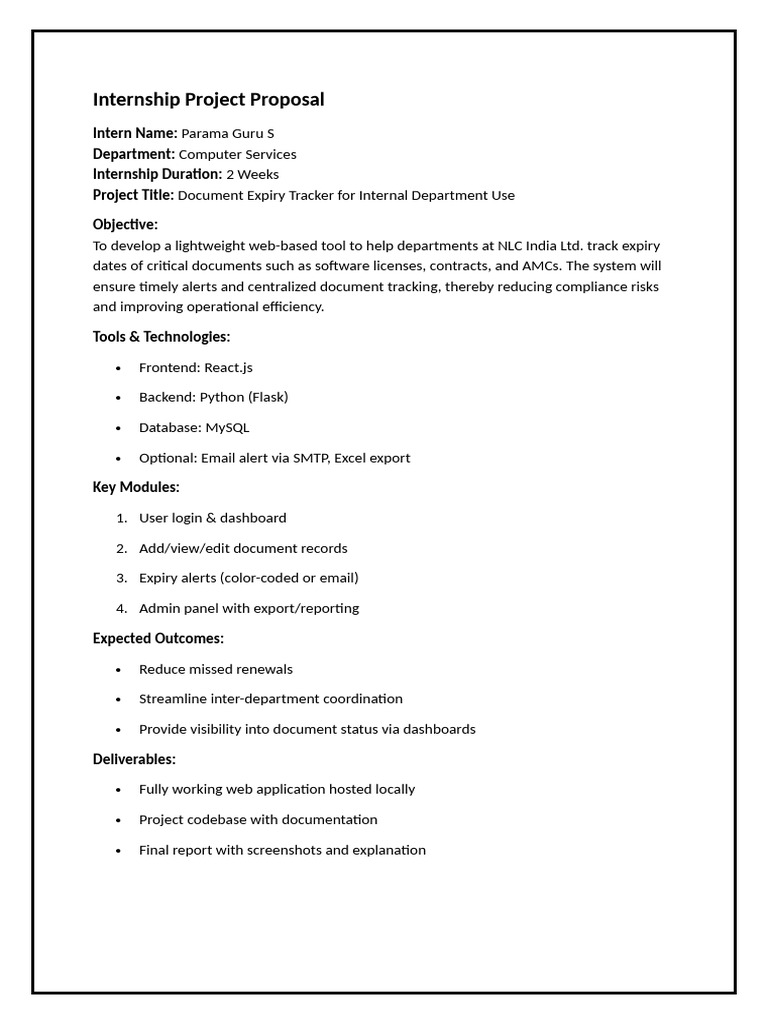 Internship Project Proposal | PDF | Databases | My Sql