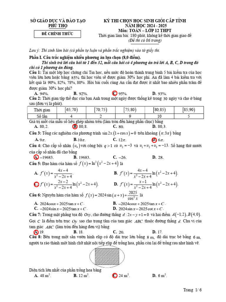 02 de chon hoc sinh gioi cap tinh toan 12 nam 2024 2025 so gddt phu tho Đề | PDF