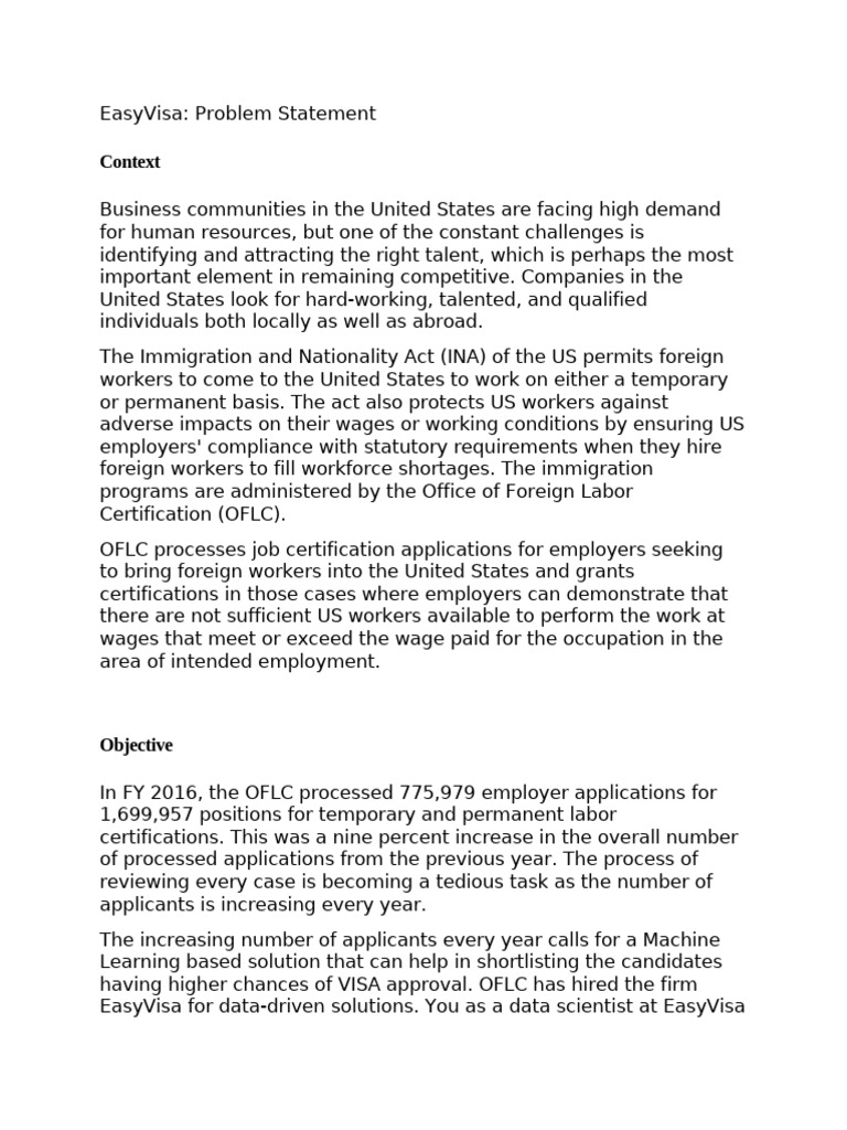 EasyVisa Problem Statement | PDF | Employment | Foreign Worker