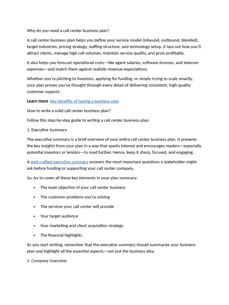 Call Center Business Plan | PDF | Call Centre | Equity (Finance)