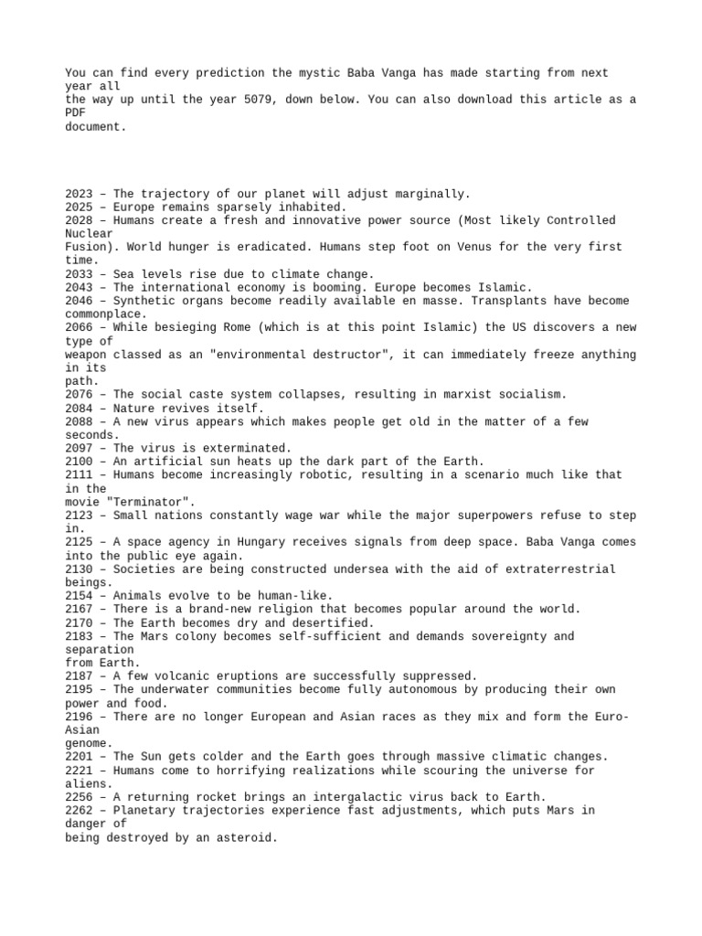 Baba Vanga Prediction List by Year 1 | PDF | Earth | Outer Space